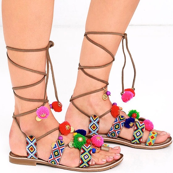 Chinese Laundry | Shoes | Cognac Leather Lace Up Gladiator Pom Pom ...